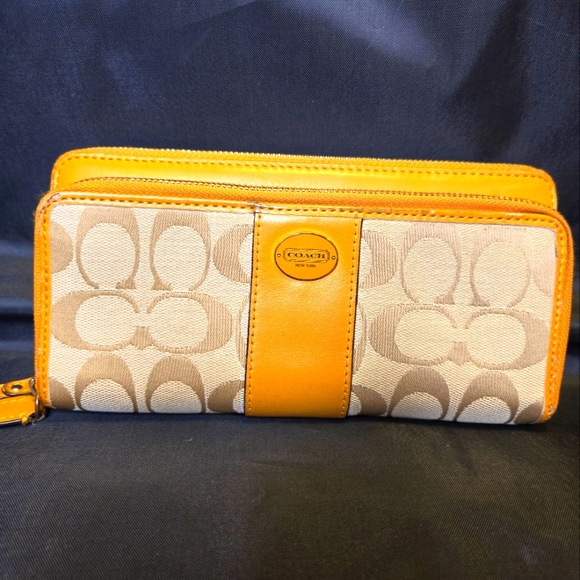 Coach | Bags | Coach Signature Beige And Yellow Long Double Zip Wallet ...